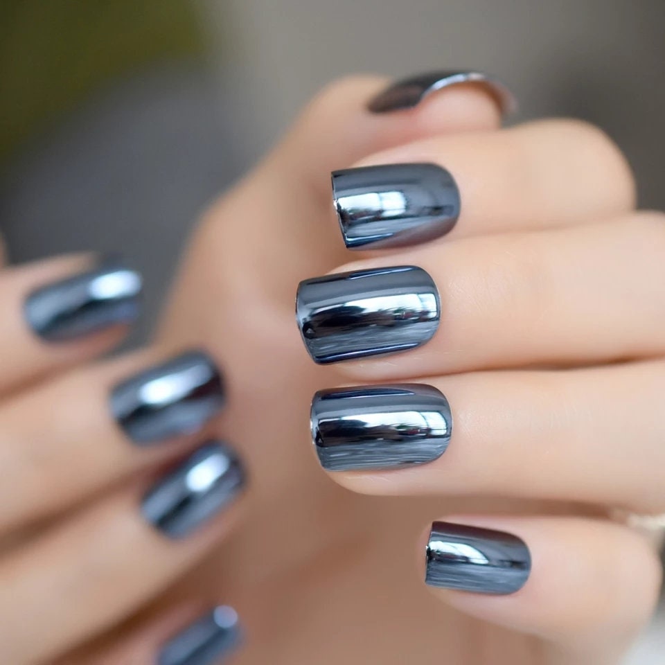24 Dark Blue Chrome Short Press On Nails Glue on Mirror shiny metallic ...