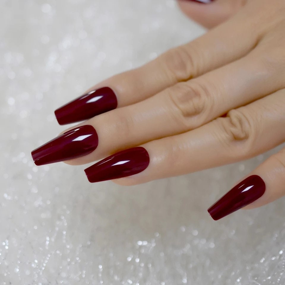 24pcs Glossy Wine Maroon Coffin Long Press On Nails Kit – Dark Red ...