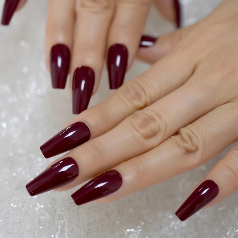 24pcs Glossy Wine Maroon Coffin Long Press On Nails Kit – Dark Red ...
