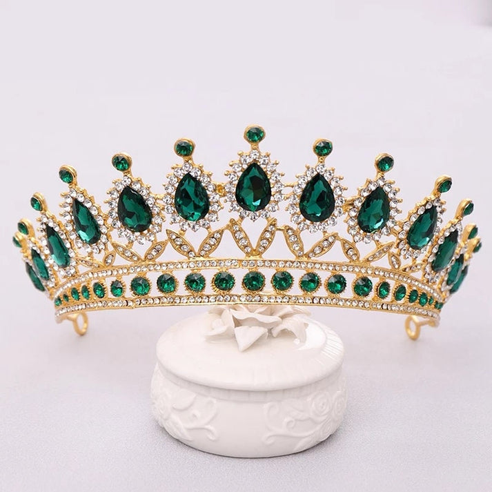 Emerald Green Crystal Tiara Crown Queen Gold headdress jewelry bridal ...