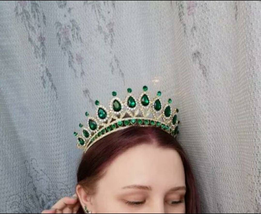 Emerald Green Crystal Tiara Crown Queen Gold headdress jewelry bridal ...